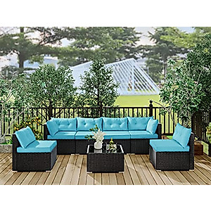 Allewie Patio Furniture Set 7 Pieces Outdoor Furniture with Seat Cushions and Tempered Glass Coffee Table, Wicker Patio Conversation Sets for Backyard, Porch, Balcony, Poolside, Blue & Black