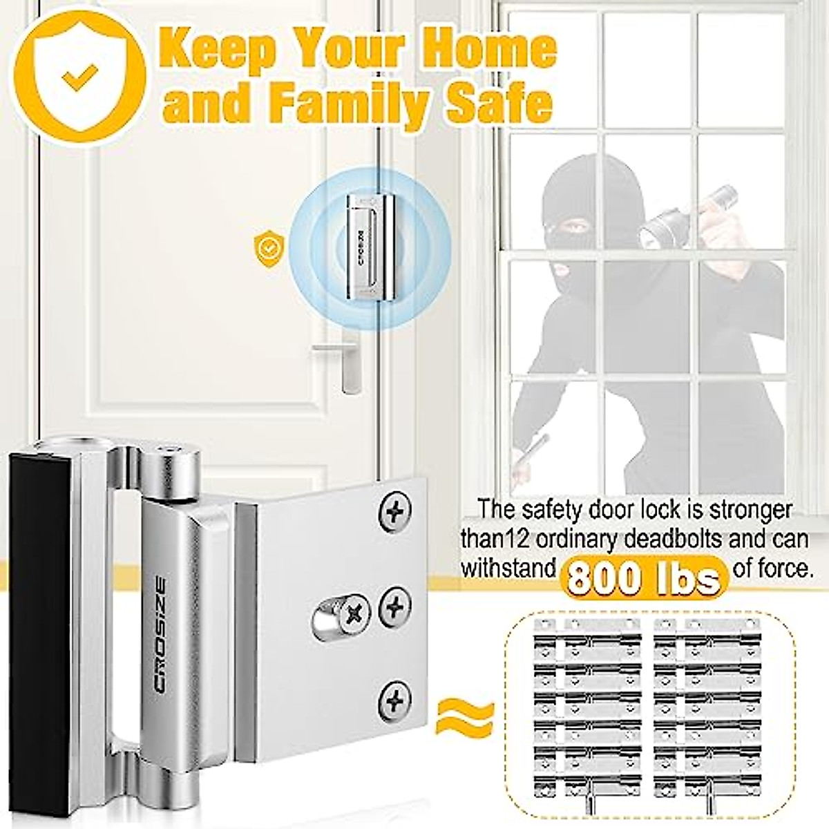 Home Security Door Lock, Upgraded Metal Door Reinforcement Lock for Childproof, 3" Withstands 800 lbs of Impact for Inward Swing Doors, Defender Security Door Lock, Prevent Unauthorized Entry (Silver)