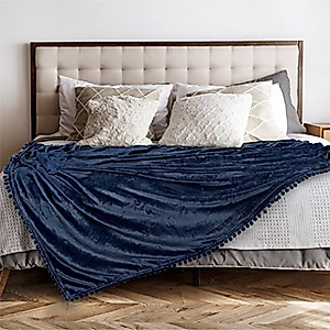 PAVILIA Navy Blue Throw Blanket Pom Pom for Couch Bed Sofa, Fleece Soft Fuzzy Cozy Lightweight Pompom Fringe Blanket, Decorative Boho Room Home Decor Gift Flannel Velvet Throw, Dark Blue, 50x60
