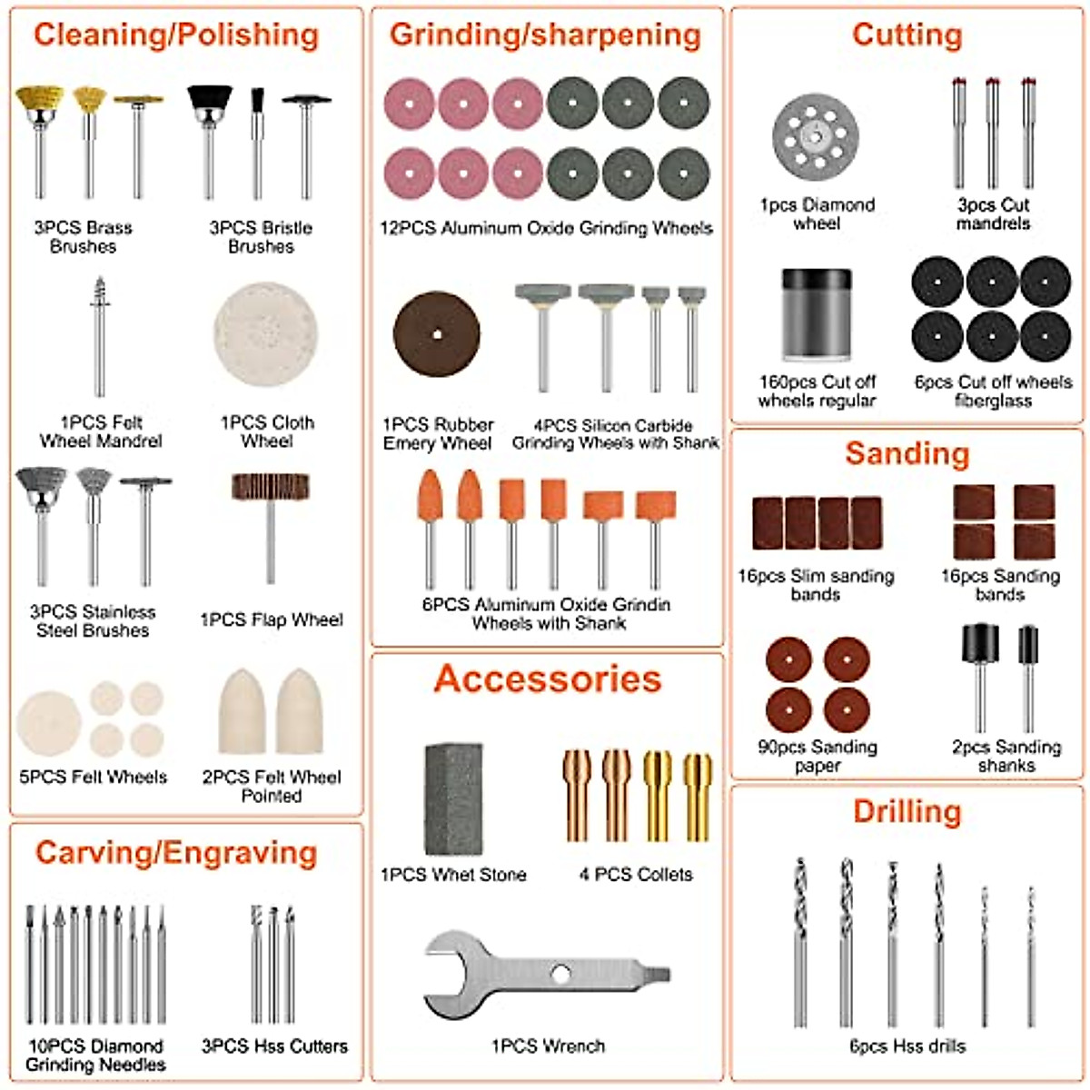 Rotary Tool Accessories Kit, AboLife 365 Pieces Multi-Purpose Accessory Set, 1/8"(3.2mm) Diameter Shanks Universal Fitment for Cutting, Grinding, Polishing, Drilling and Engraving, Accessory Kit