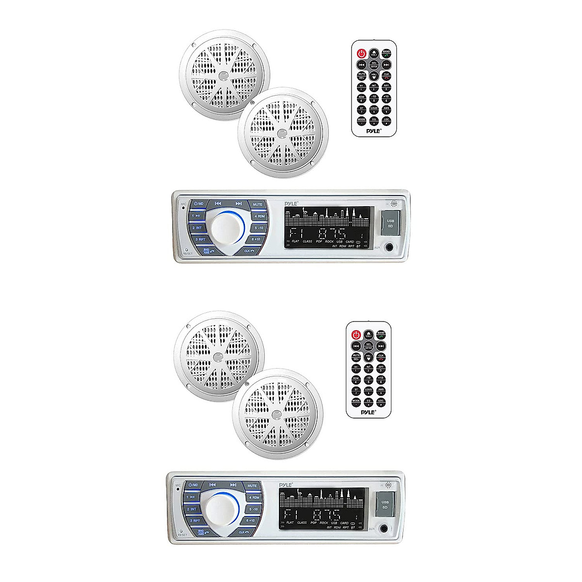Pyle PLMRKT36WT 5.25 Inch Waterproof Bluetooth Marine Stereo Receiver and Speaker Kit with Hands Free Calling and Wireless Streaming, AM/FM Radio, MP3/USB/SD Input, White (2 Pack)