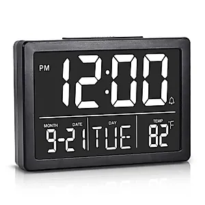 Amgico Digital Alarm Clock with Snooze, Small Clock/Table Clock, 6.3" LED Digital Calendar, 12/24H, Adjustable Brightness/Volume, Desk Clock for Bedroom, Living Room, Office - Black