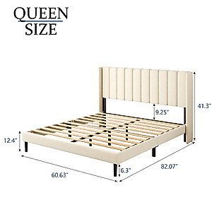 Gruwans Queen Size Bed Frame with Upholstered Wingback Headboard, Easy Assemnly Platform Bed, Wooden Slat Support No Box Spring Needed, Cream
