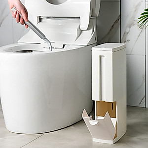 EXCBIOZ Trash Can,Slim Plastic Narrow Trash Can with Toilet Brush Holder Garbage Storage Organizer with Press Top Lid Modern Waste Can for Bathroom, 4.33x7.87x16.34in, White