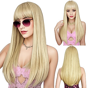 ENTRANCED STYLES Blonde Wig with Bangs, Long Straight Wigs for Women Natural Hair Wigs Synthetic Blonde Wigs for Girls Daily Party Halloween Cosplay Wig 22 Inch