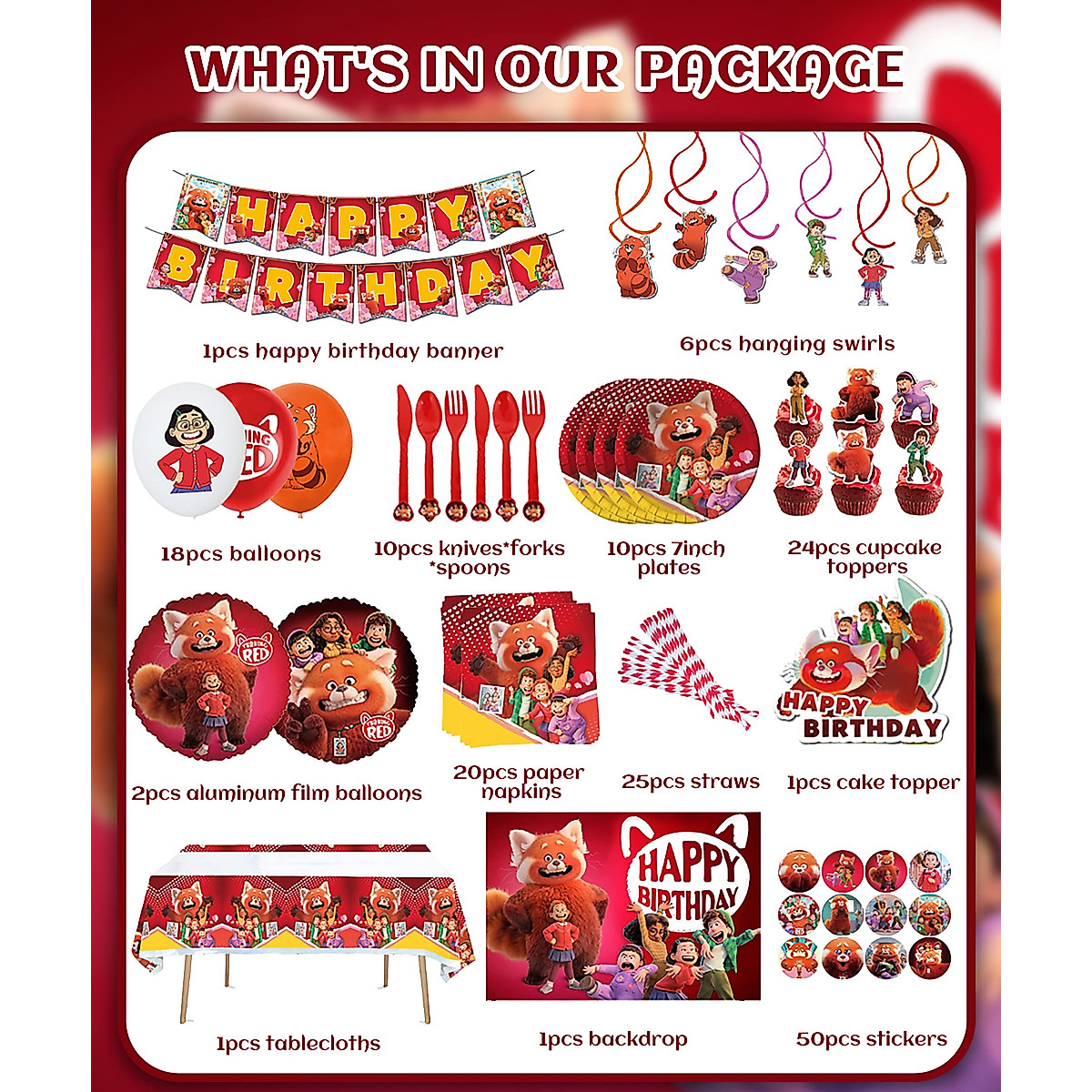 199Pcs Party Supplies, Red Party Decorations Red Party Favors Decorations Gift Set Cartoon Movie Decoration with Backdrop Cloth Flatwares Banner Balloon(Serves 10)