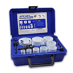 JEFE HEX 13-Piece Hole Saw Set, Bi-Metal Hole Saw Kit, M42 Bi-metal Hole Cutter Set with 9-Pc Hole Saw-3/4",7/8",1-1/8",1-3/8",1-1/2"1-3/4",2",2-1/4" and 2-1/2" for Metal, Wood, Plywood, Drywall, PVC