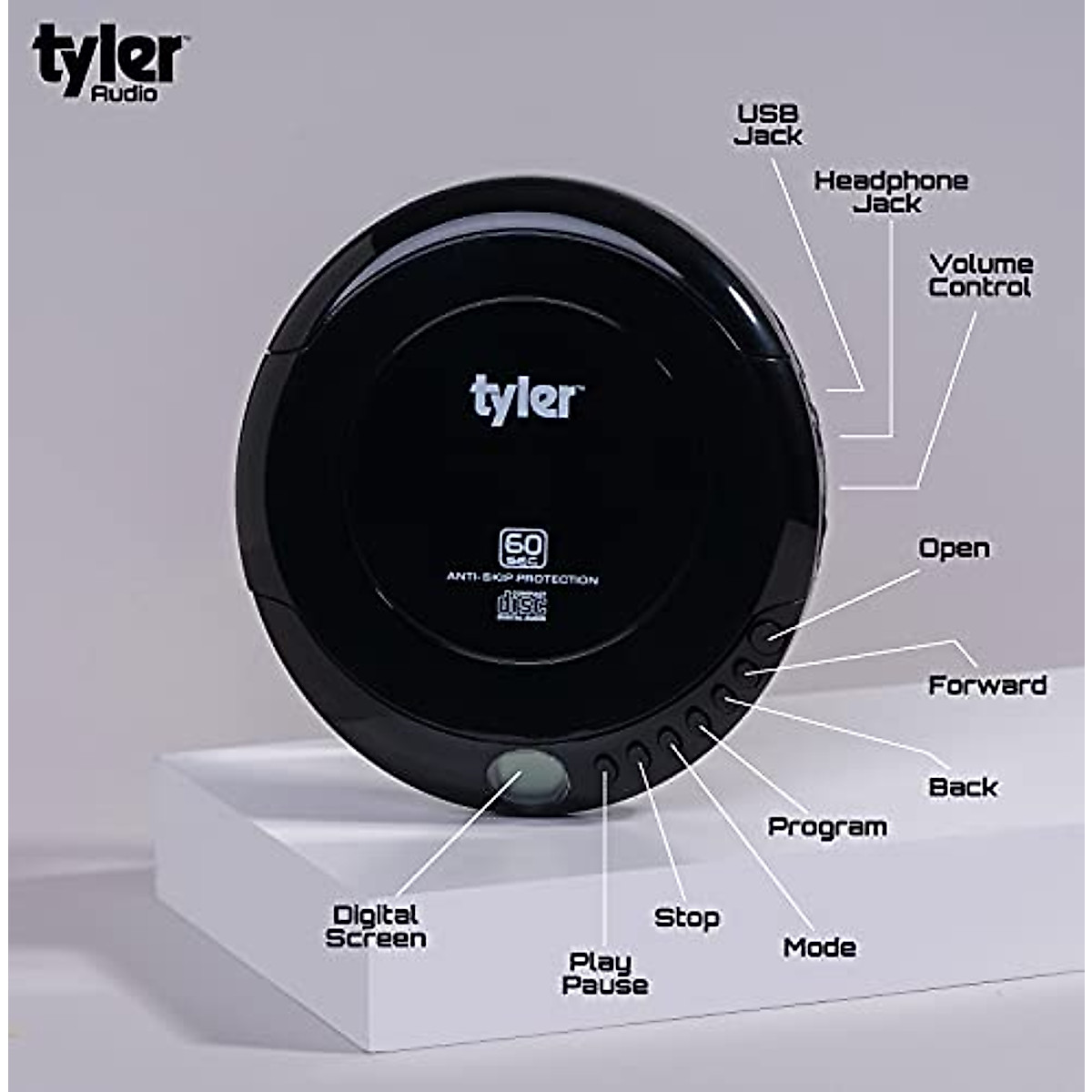 Tyler Portable CD Player Small Handheld Walkman Anti-Skip Shockproof Quality Earbuds Included Great for Kids Car Home Travel Gym USB AUX Output Disc CD-R CD-RW in-Car Compatible Compact & Lightweight