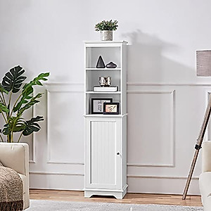 Yaheetech Bathroom Cabinet, Storage Cabinet with 3 Open Shelves & Single Door, Floor Freestanding Tall Linen Cabinet, Narrow Corner Organizer for Bathroom, Living Room, White