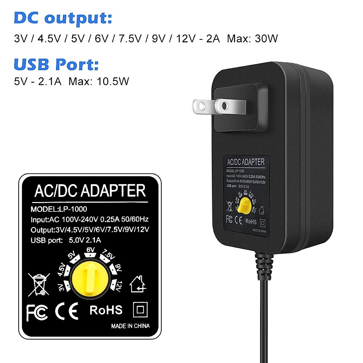 30W Universal AC/DC Adapter Switching Power Supply with 8 Selectable Adapter Plugs, for 3V 4.5V 5V 6V 7.5V 9V 12V Household Electronics and LED Strip - 2000mA Max