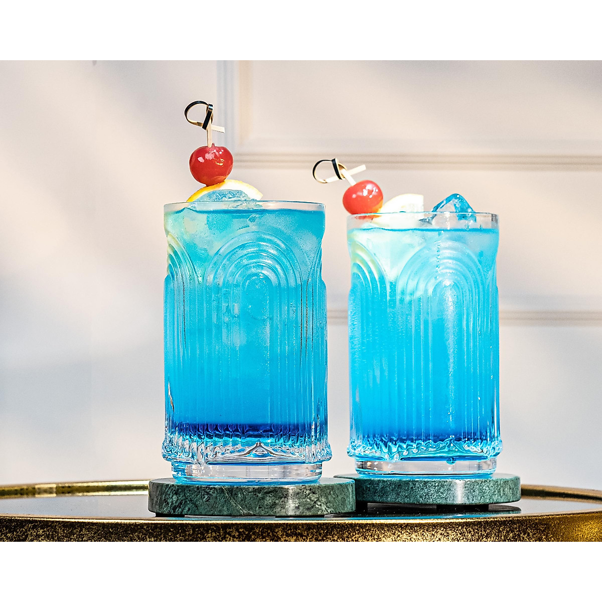 Vintage Art Deco 1920s Highball Cocktail Glasses | Set of 4 | 14 oz Tall Crystal Tumblers for Drinking Mojito, Whiskey Highball, Gin Rickey, Classic Long Bar Drinks | Large Hiball Glassware