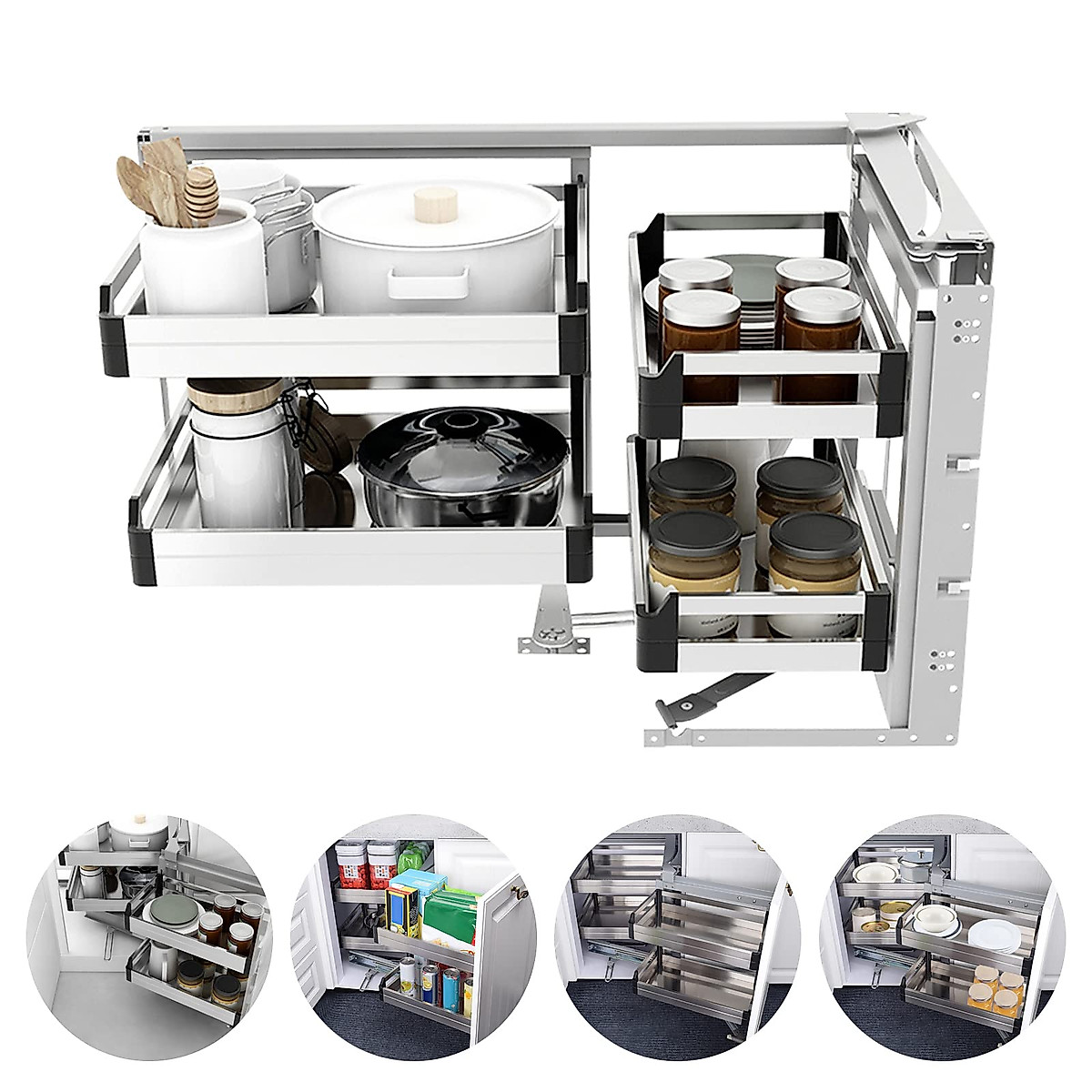 Fetcoi Blind Corner Cabinet Pull Out Right, Blind Corner Cabinet Organizer Handed Open, Corner Optimizer, Chrome Blind Corner Soft Close, 2 Tiers Swing Tray