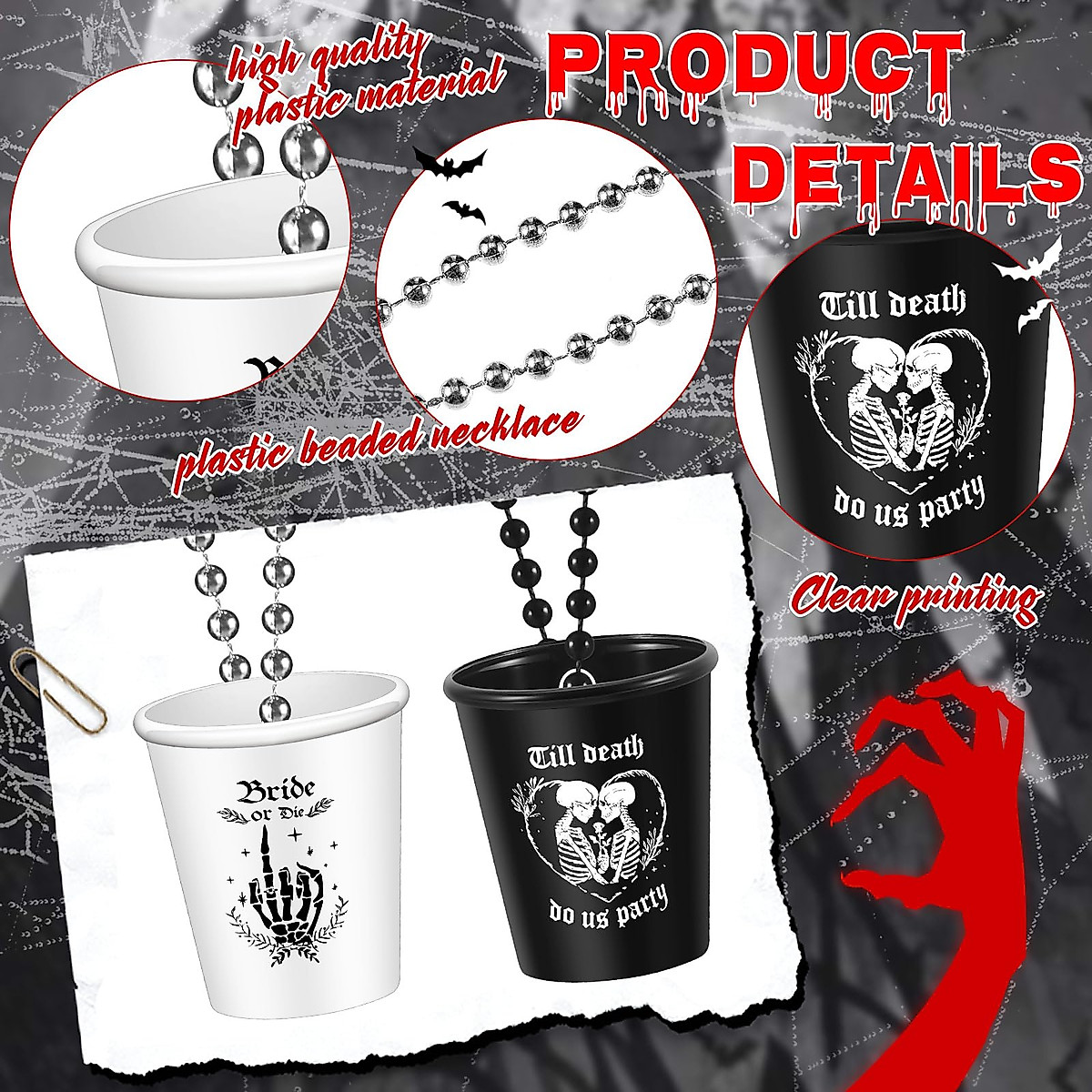 Dandat 12 Pcs Bride or Die Bachelorette Shot Glass Halloween Party Plastic Shot Glass Necklaces Halloween Gothic Skull Bridal Shower Party Favor for Wedding Engagement Party
