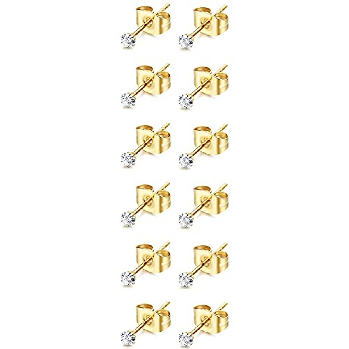 3MM Cubic Zirconia CZ Stud Earrings Gold: 14K Plated 20G Tiny Stud Earrings Set - Cartilage Helix 2-nd 3-rd Hole Small Multiple Piercing Jewelry Hypoallergenic Post Earring, Pack of 6 Pair