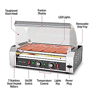 Leconchef Hot dog roller machine Commercial Grade Stainless Steel Electric 24 Hot Dog 7 Roller Grill Cooker Machine with Detachable Glass Cover、Dust cover and LED Lights, 1200-Watts