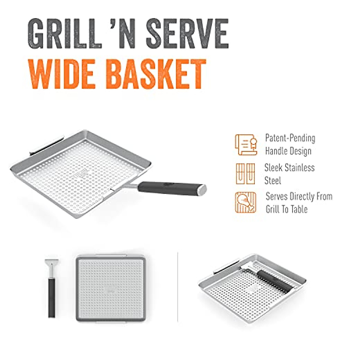 Yukon Glory BBQ 'N Serve™ Wide BBQ Grill Basket The Grilling Basket Includes a Clip-On Handle - Perfect Grill Baskets for Outdoor Grill Vegetables or Fish Basket & Meat
