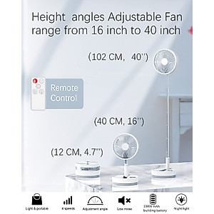 UN UNITEDTIME Foldable Fan Foldaway Oscillating with Remote Control, 10800mAh Rechargeable Battery Operated Portable for Camping, 4 Speed, Timer, Height Adjustment for Travel, Outdoor (White)