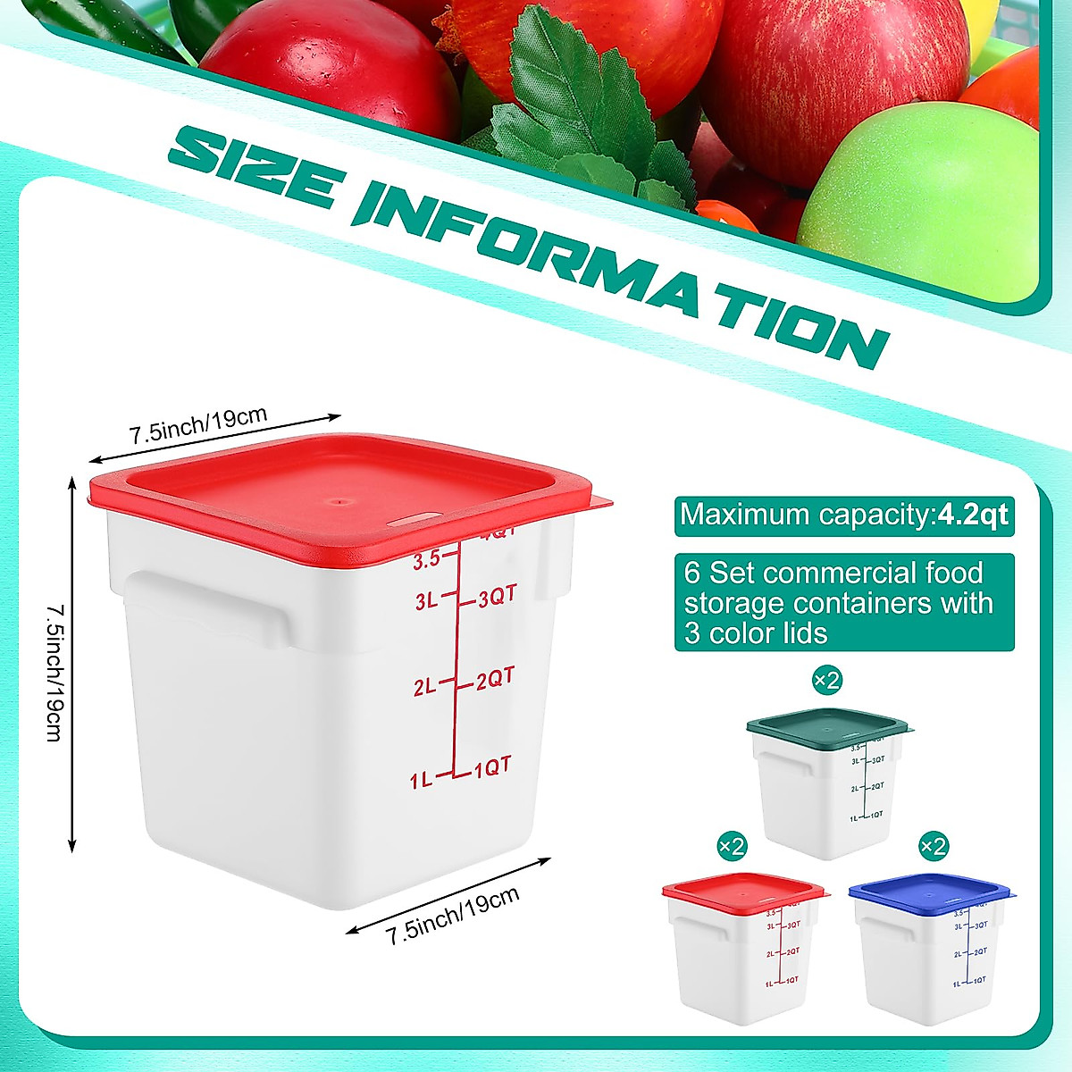 Ziliny 6 Pieces 4 Quart Commercial Food Storage Containers with Lid Translucent Container with 3 Color Lids for Freezer Flour Sugar Baking Bread Restaurant, Square