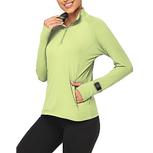 CUNYI Womens UPF 50+ Sun Protection Long Sleeve Quarter Zip Pullover Quick Dry Hiking Shirts with Zipper Pockets Workout Tops, Light Green, XXL