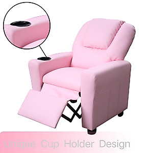 anwickjeff Modern PU Leather Kids Recliner Chair with Cup Holder, Adjustable 2-in-1 Kids Single Couch for Boys Girls (Pink)