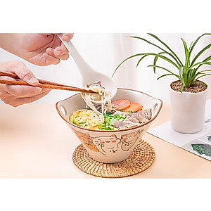 LLDAYU large Ceramic Japanese Ramen Noodle Soup Bowl, 27 Ounce Deep Bowl, with Matching Spoon and Chopsticks for Udon Soba Pho Asian Noodles.Dishwasher & Microwave Safe(Lucky Cat)