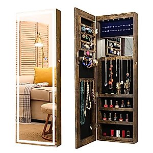 Ntufrest Jewelry Organizer with Led Mirror, 6 LEDs Mirror Jewelry Cabinet,Wall/Door Mounted Jewelry Armoires for Women, Full Length Mirror with Jewelry Storage，Magnetic Lock