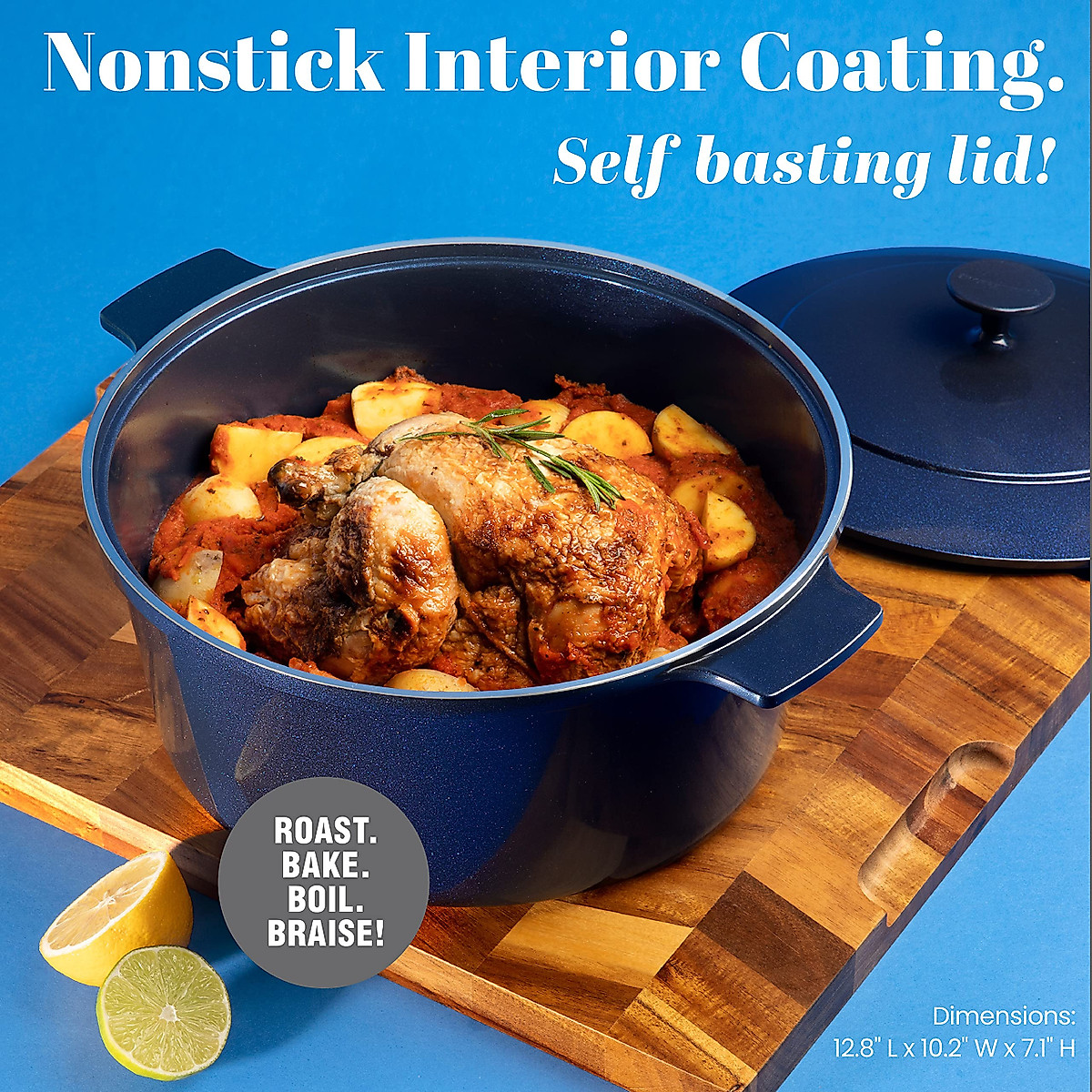 Granitestone Dutch Oven, 5 Quart Ultra Nonstick Enameled Lightweight Aluminum Dutch Oven Pot with Lid, Round 5 Qt. Stock Pot, Dishwasher & Oven Safe, Induction Capable, 100% PFOA Free, Cobalt Blue