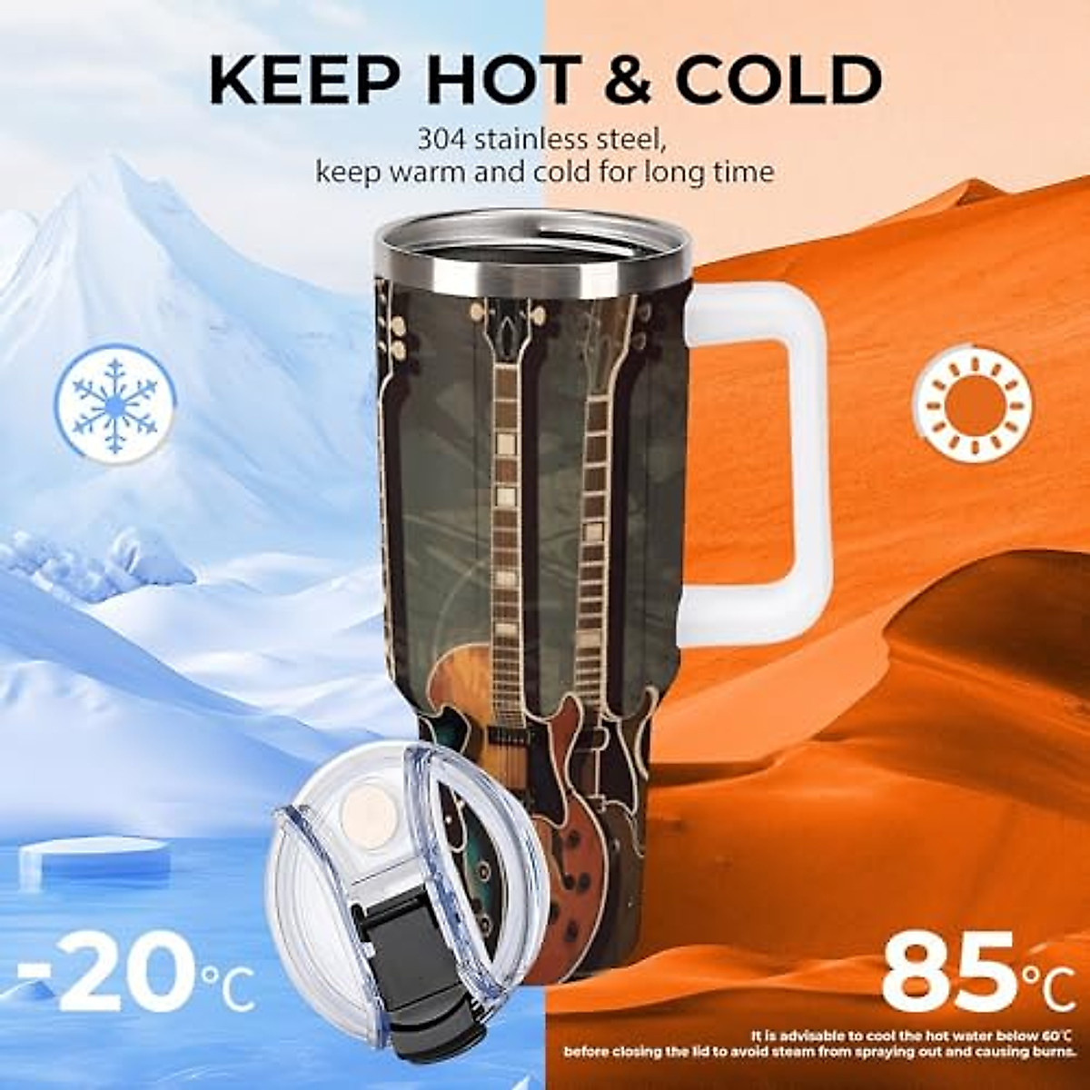 LLUTSNTH 40 Oz Vacuum Tumbler with White Handle Leakproof Insulated Tumbler Guitars Art Stainless Steel Travel Mug with Lid And Straw Coffee Cup Cute Water Bottles Cup Holder Friendly