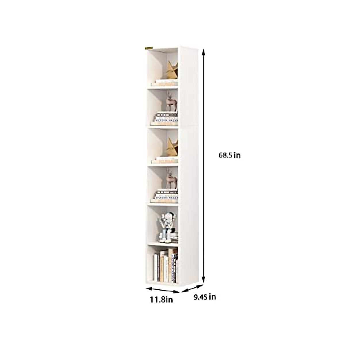 ALISENED 68.5" Tall Narrow Bookshelf, 6 Shelf Wooden Corner Bookcase, Modern Skinny Cubes Storage Organizer Display Shelving for Bedroom, Library, Living Room, Home, Office, White