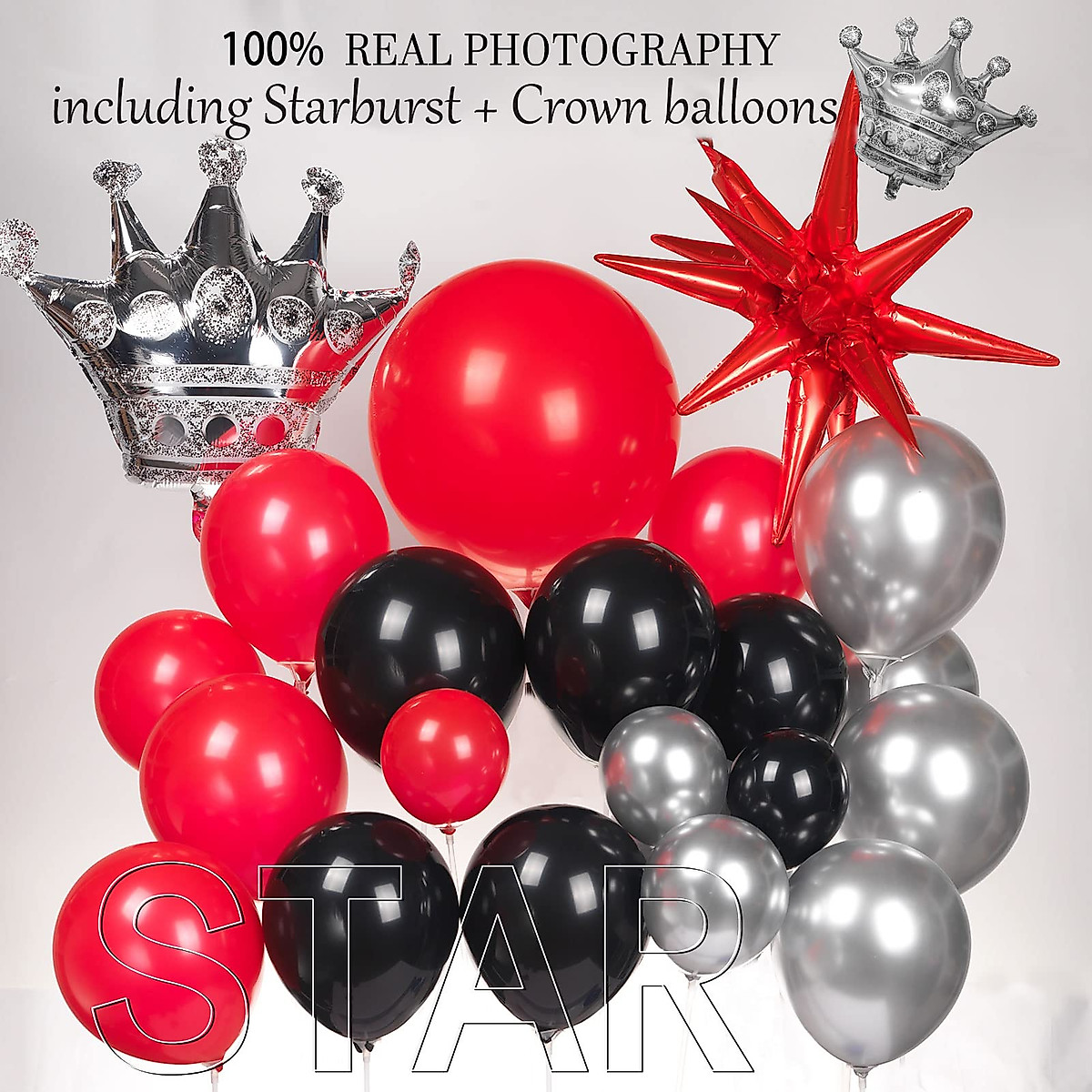 Black and Red Silver Balloon Garland kit 135Pcs Latex Chrome Silver and Crown star balloons for Birthday Party anniversary wedding graduation Christmas happy grad decorations 2025