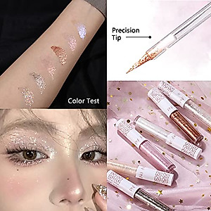 6Pcs Liquid Glitter Eyeshadow Eyeliner, Korean Makeup, Bling Under Eye Shadow, Shimmer Metallic Eye Make Up Set, Long Lasting, Quick Drying and Pigmented Loose Glitter Glue for Crystals Eye Makeup