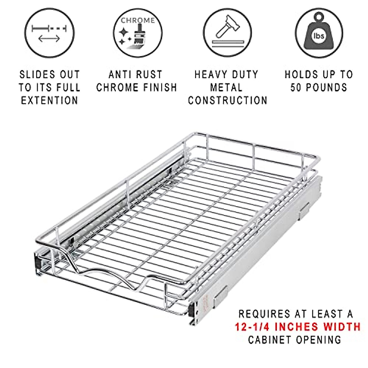 HOLD N' STORAGE Pull Out Cabinet Organizer, Heavy Duty-with Lifetime Limited Warranty -11”W x 21”D - Requires At Least a 12-1/4” Cabinet Opening, Steel Metal cabinet drawers slide out, Chrome Finish