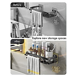 Fegat Shower Caddy, Enhanced Self Adhesive shower Organizer, No Drilling Bathroom Shower Shelf With Towel Rack and 2 Hooks, Space Aluminum With Anticorrosion Process, Black