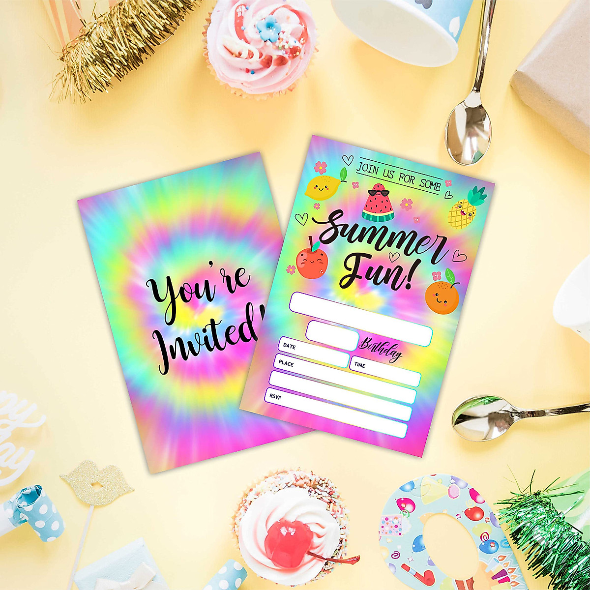 AWSICE Tie Dye Summer Fun Birthday Invitations, Fruits Double-Sided Fill-In Invite Cards For Birthday Party, 20 Invitations With Envelopes, Decorations,Party Favor And Supply-A12