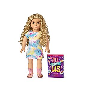 American Girl Truly Me 18-inch Doll #115 with Gray Eyes, Curly Blonde Hair, Light Skin, Tie Dye T-shirt Dress, For Ages 6+