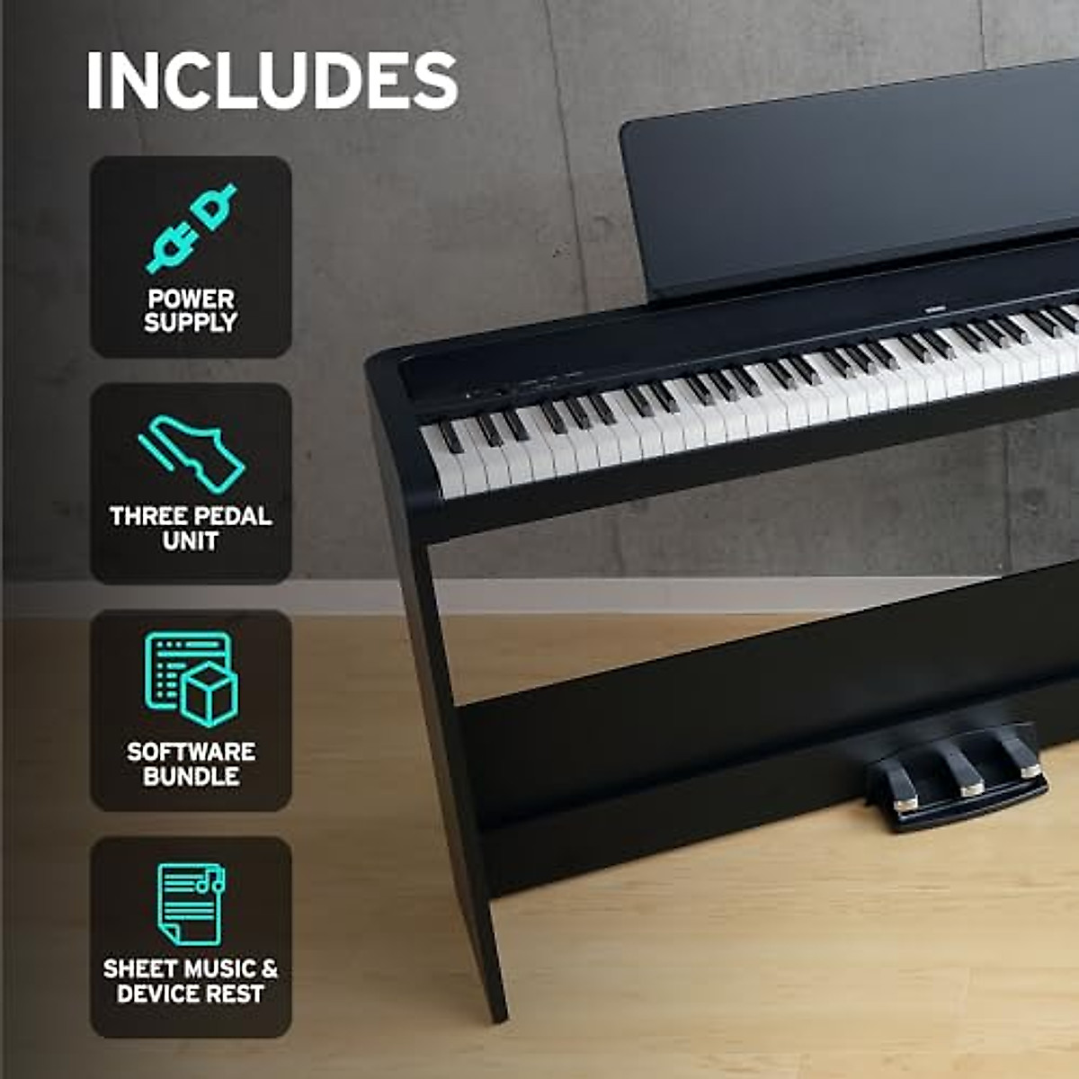Korg, Portable Digital Piano with 88-Key Full Size Weighted Keyboard, Built-in Speakers, Furniture, Music Stand, and 3-Pedal Unit (B2SP BK)