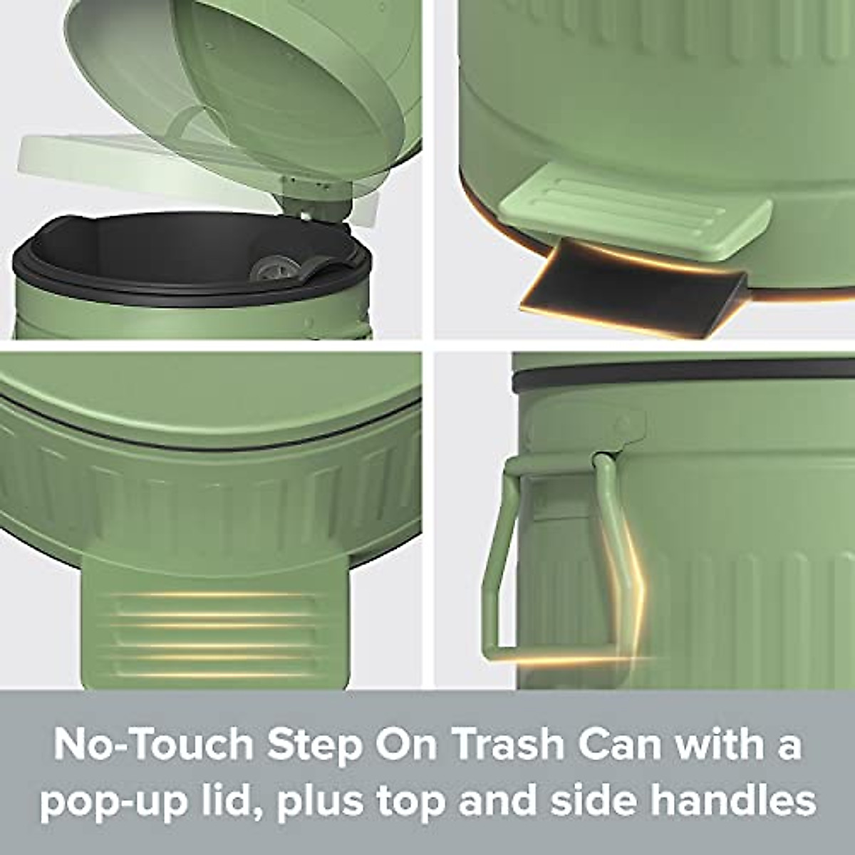 Retro Trash Can with Lid - 5L/1.3 Gal Step Trash Can w/ Soft Closing Lid - Round Garbage Can w/ Handles - Touchless Trash Can w/ Removable Garbage Guard Bucket - Outdoor Garbage Bin - Small Trash Can, Green