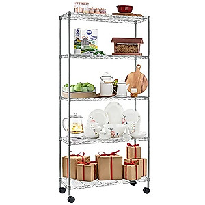 PIKAQTOP 5-Tier Storage Shelves Heavy Duty (750LBS Capacity) for Storage Kitchen Garage, Industrial Commercial-Grade Wire Rack Shelving with Wheels, Height Adjustable Organizer Rack for Pantry