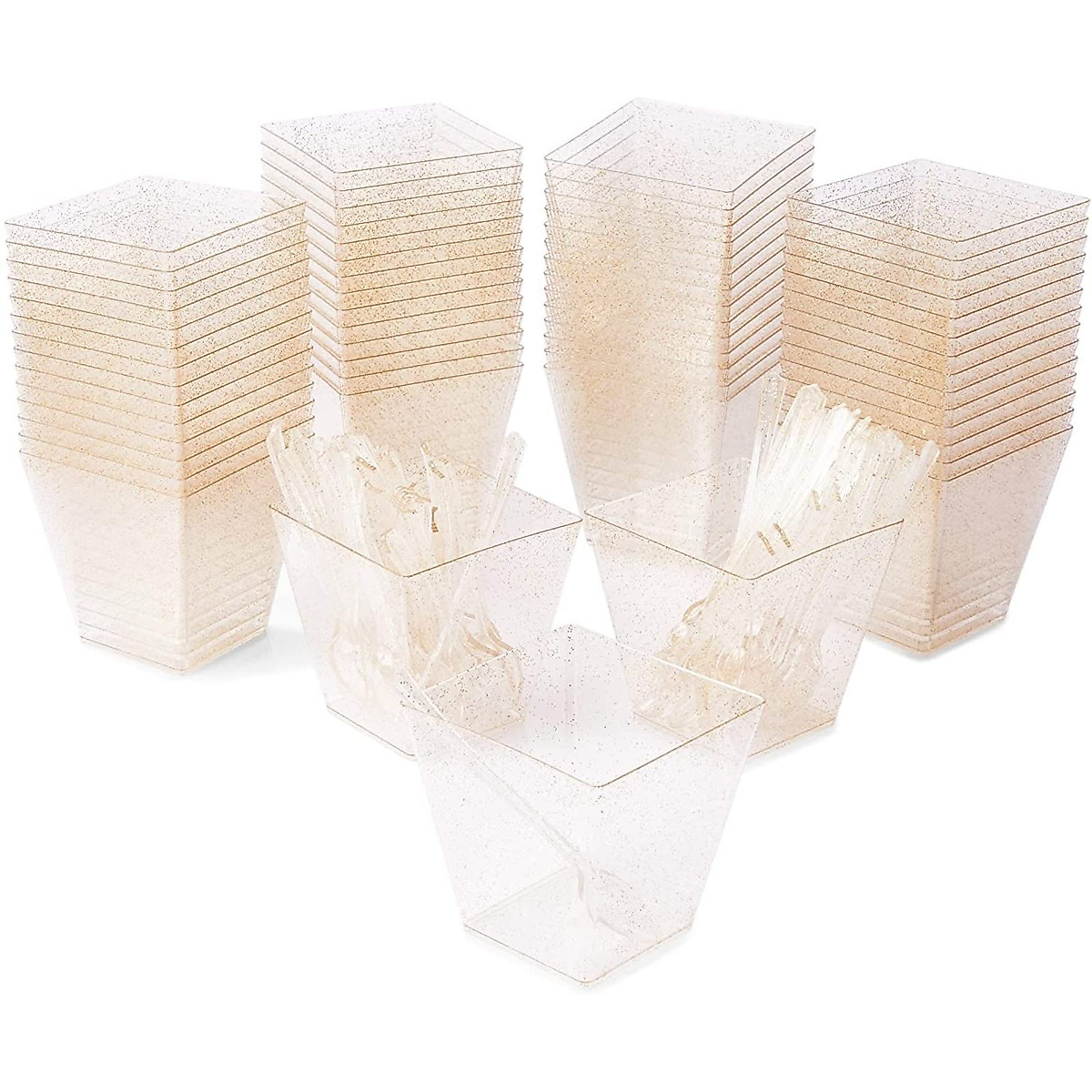 120 Pieces 7.5 oz Mini Dessert Cups with Spoons, Serves 60 Disposable Square Plastic Shooter Appetizer Parfait Bowl and Small Spoon Set, Clear Gold Glitter