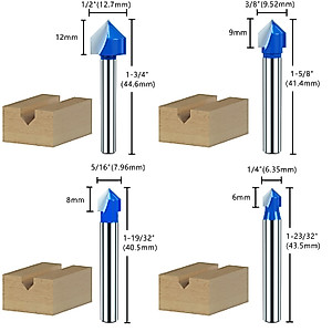 Vipbhtool 1/4 Inch Shank 90 Degree V Groove Router Bit Set Solid Carbide Double Flute CNC Engraving V Groove Router Bit Woodworking Tool- 1/4" 5/16" 3/8" 1/2" 5/8" 3/4" 7/8" 1" Cutting Diameter