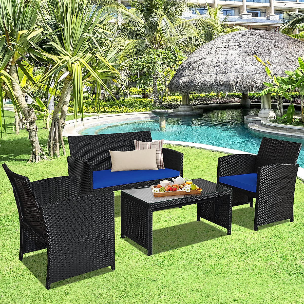 DORTALA 4 Pieces Patio Wicker Conversation Furniture Set, Outdoor Rattan Sofas with Bistro Sets with Coffee Table for Courtyard Balcony Wicker Chairs with Soft Cushion and Table, Navy
