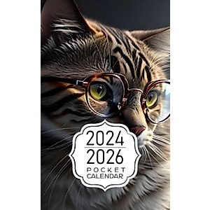 Pocket Calendar 2024-2026: Two-Year Monthly Planner for Purse , 36 Months from January 2024 to December 2026 | Artistic image | Cat with glasses