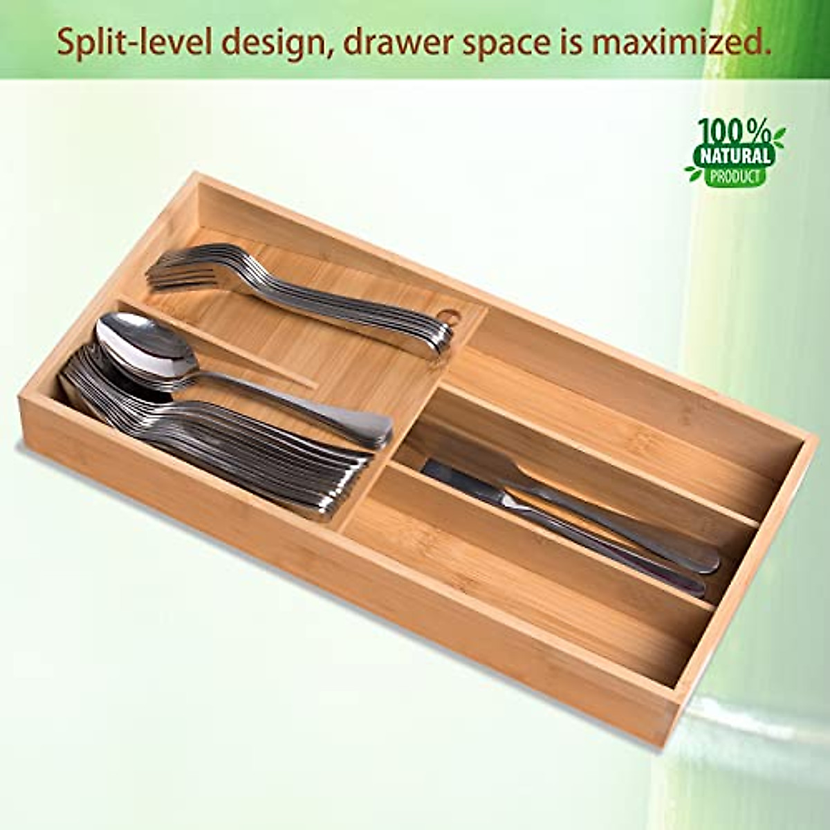 guiogc Medium double layer Bamboo Silverware Organizer, Kitchen Silverware Drawer Organizer, Utensil Tray Holder, Cutlery Tray for Spoons, Forks, Knives