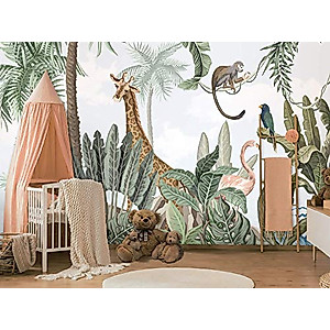 Murwall Kids Wallpaper Safari Animals Wall Mural Pink Flamingo and Cute Giraffe Wall Print for Childroom Forest Wall Art Kidsroom