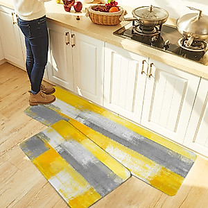 Debedcor Yellow Kitchen Rugs and Mats Set of 2, Oil Painting Non-Skid Yellow and Grey Bathroom Rugs, Kitchen Runner Geometric Rug Floor Mat for Sink/Laundry Room/Office, 15.7"x23.6"+15.7"x47.2"