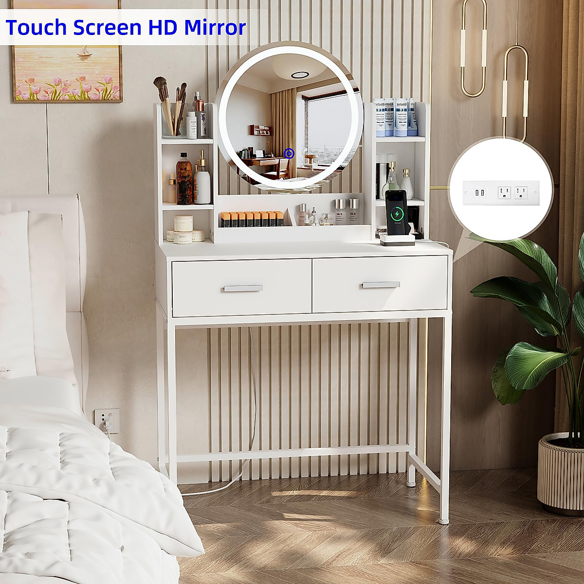 HDDDZSW Vanity Desk with Mirror and Lights, Make up Vanity Desk with Charging Station and 2 Drawers, Dressing Table with 3-Lighting-Modes Makeup Mirror, White Vanity Makeup Table for Bedroom