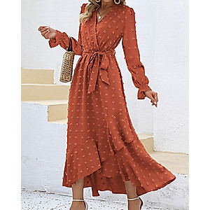 BTFBM Women's Boho Cocktail Maxi Dress 2024 Fall Fashion V Neck Swiss Dot Long Sleeve Flowy Slit Wedding Party Dresses(Swiss Dot Orange, Large)
