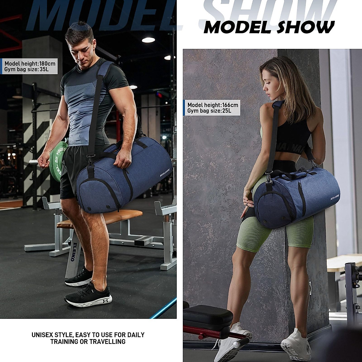 BECOJADDE Gym Bag for Men Women with Shoe and Wet Compartment, 25L Sports Duffle Bags for Travel Swimming Fitness and Workout with Shoulder Strap, Blue