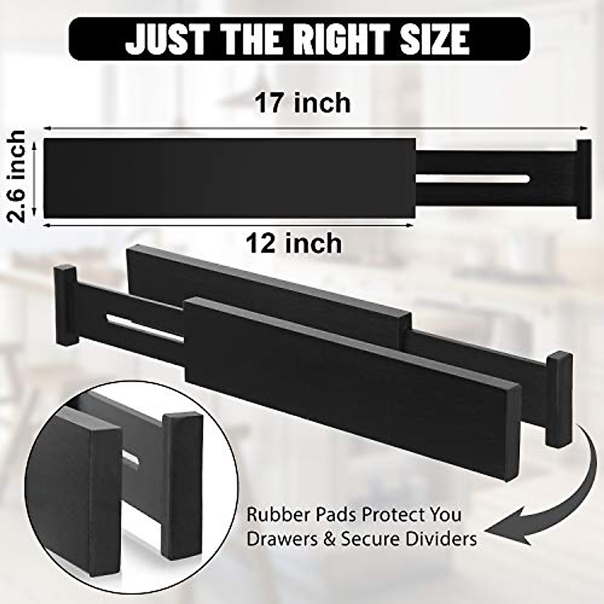 Ryqtop Bamboo Drawer Dividers Organizers, Kitchen Drawer Organizer, Adjustable Drawer Divider for Clothes, Kitchen, Dresser, Bedroom, Bathroom and Office, 4-Pack(12-17 IN), Black