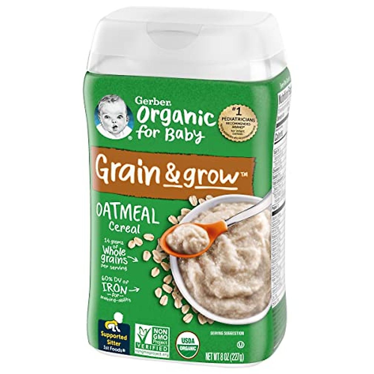 Gerber Organic for Baby 1st Foods Grain & Grow Cereal, Oatmeal Cereal, Made with Whole Grains & Iron, USDA Organic & Non-GMO, 8-Ounce Canister (Pack of 3)